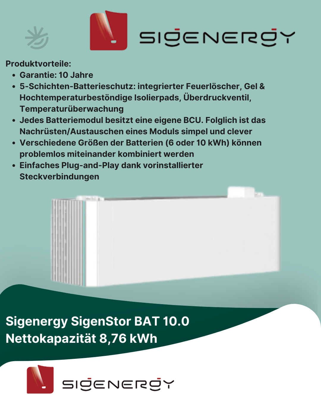 Sigenergy SigenStor BAT 10.0 Battery, Nettokapazität 8,76 kWh – Solar ...